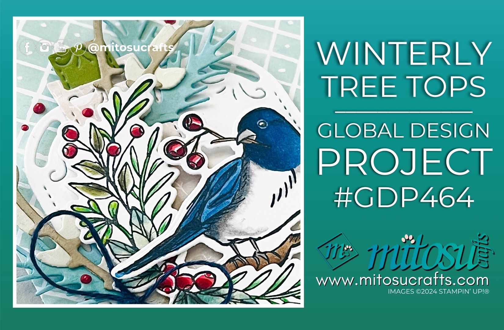 Winterly Tree Tops Card Idea with Blue Bird #GDP464 - Mitosu Crafts